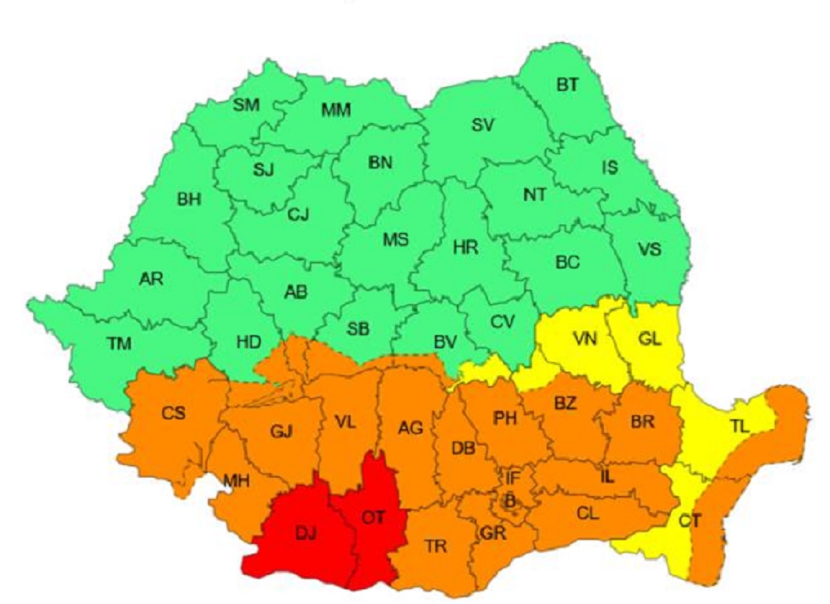 Cod roșu și portocaliu în 21 de județe și în București
